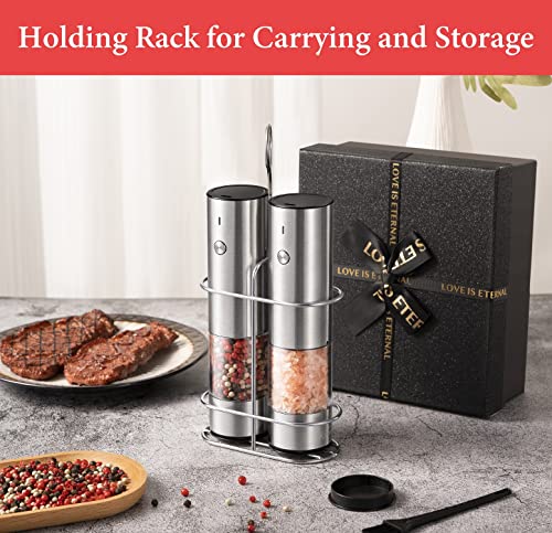 Rechargeable Electric Salt and Pepper Grinder Set with Holder - Nicely Packaged Giftable - No Battery Needed - Automatic Pepper Mill & Adjustable Coarseness & LED Light Refillable - Stainless Steel