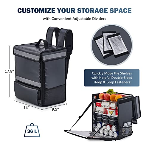 CO-Z 35L Food Delivery Backpack, Insulated Hot Pizza Catering Thermal Backpack, Cooler Backpack with 3 Dividers and Cup Holders, Waterproof Hot Cold Grocery Backpack for Uber Eats, Camping & Beach