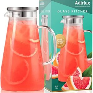 Glass Pitcher with Stainless Steel Lid - 1.8L / 60 oz Glass Jug - Hot & Cold Beverages - Lemonade, Juice, Iced Tea, Milk, Coffee - Heat Resistant Glass - Handle & Spout Carafe - Premium Gift Box