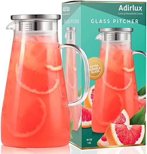 Glass Pitcher with Stainless Steel Lid - 1.8L / 60 oz Glass Jug - Hot & Cold Beverages - Lemonade, Juice, Iced Tea, Milk, Coffee - Heat Resistant Glass - Handle & Spout Carafe - Premium Gift Box