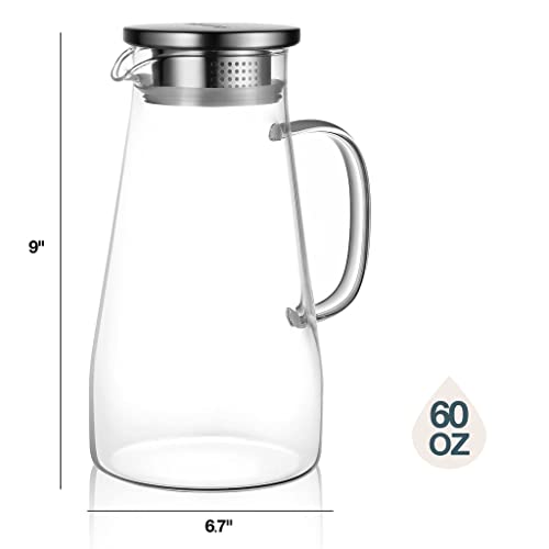 Glass Pitcher with Stainless Steel Lid - 1.8L / 60 oz Glass Jug - Hot & Cold Beverages - Lemonade, Juice, Iced Tea, Milk, Coffee - Heat Resistant Glass - Handle & Spout Carafe - Premium Gift Box