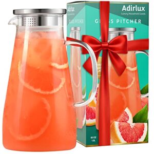 Glass Pitcher with Stainless Steel Lid - 1.8L / 60 oz Glass Jug - Hot & Cold Beverages - Lemonade, Juice, Iced Tea, Milk, Coffee - Heat Resistant Glass - Handle & Spout Carafe - Premium Gift Box