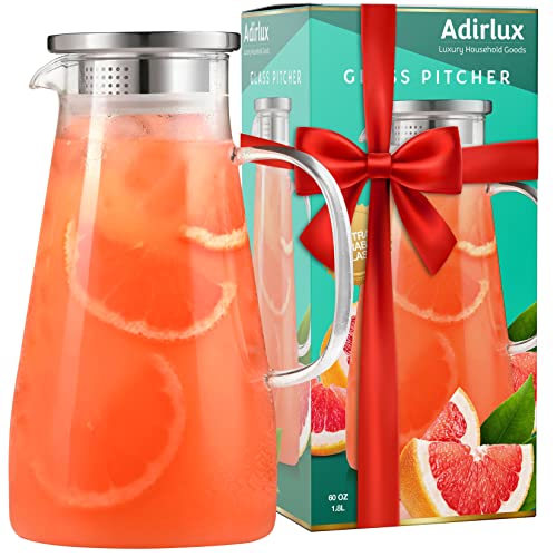 Glass Pitcher with Stainless Steel Lid - 1.8L / 60 oz Glass Jug - Hot & Cold Beverages - Lemonade, Juice, Iced Tea, Milk, Coffee - Heat Resistant Glass - Handle & Spout Carafe - Premium Gift Box