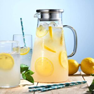 Glass Pitcher with Stainless Steel Lid - 1.8L / 60 oz Glass Jug - Hot & Cold Beverages - Lemonade, Juice, Iced Tea, Milk, Coffee - Heat Resistant Glass - Handle & Spout Carafe - Premium Gift Box