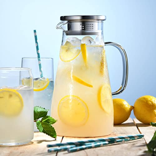 Glass Pitcher with Stainless Steel Lid - 1.8L / 60 oz Glass Jug - Hot & Cold Beverages - Lemonade, Juice, Iced Tea, Milk, Coffee - Heat Resistant Glass - Handle & Spout Carafe - Premium Gift Box