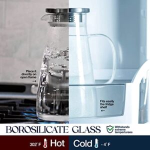 Glass Pitcher with Stainless Steel Lid - 1.8L / 60 oz Glass Jug - Hot & Cold Beverages - Lemonade, Juice, Iced Tea, Milk, Coffee - Heat Resistant Glass - Handle & Spout Carafe - Premium Gift Box