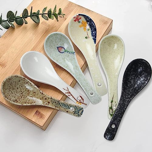 6 Pieces Japanese Retro Ceramics Soup Spoons Japanese Style Rice Spoon Flatware Asian Chinese Serving Spoons Appetizers Tableware Meal Partner for Salad Ramen Noodles Wonton