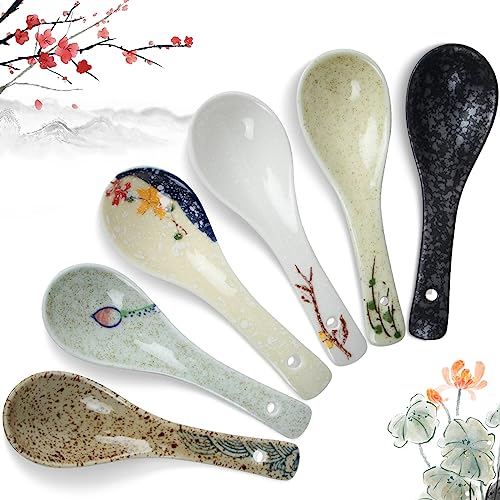 6 Pieces Japanese Retro Ceramics Soup Spoons Japanese Style Rice Spoon Flatware Asian Chinese Serving Spoons Appetizers Tableware Meal Partner for Salad Ramen Noodles Wonton