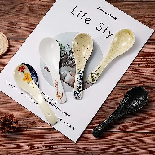 6 Pieces Japanese Retro Ceramics Soup Spoons Japanese Style Rice Spoon Flatware Asian Chinese Serving Spoons Appetizers Tableware Meal Partner for Salad Ramen Noodles Wonton