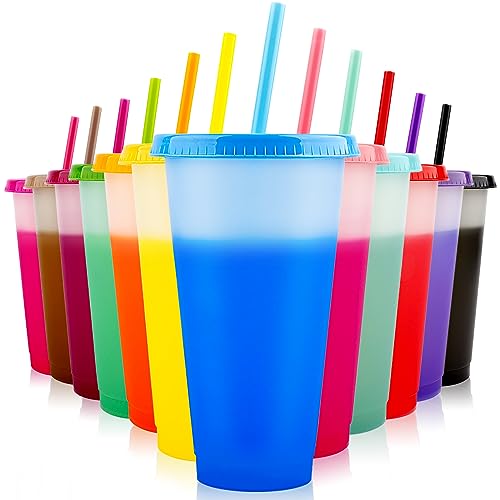 EASEVE Color Changing Cups with Lids and Straws - 12 Packs 24 oz Reusable Plastic Tumblers with Lids and Straws for Adults Kid Party, Bulk Tumblers for Iced Coffee Tea and Smoothie