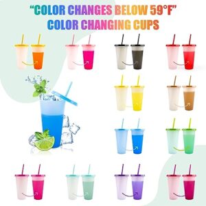 EASEVE Color Changing Cups with Lids and Straws - 12 Packs 24 oz Reusable Plastic Tumblers with Lids and Straws for Adults Kid Party, Bulk Tumblers for Iced Coffee Tea and Smoothie