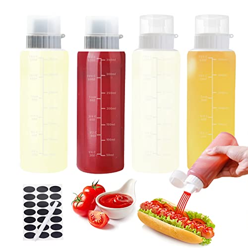 Condiment Porous Squeeze Bottles, 4Pack Squeeze Bottles for Sauces, Salad Dressing Container, Ketchup Bottles Squeeze 12oz, Five Hole Container Sauce Dispenser for Ketchup Salad BBQ Sauce Oil Syrup