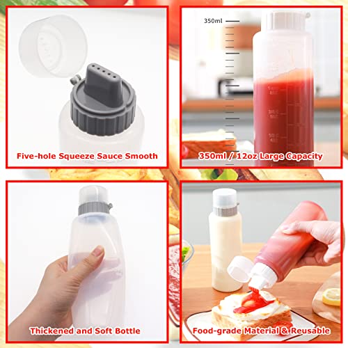 Condiment Porous Squeeze Bottles, 4Pack Squeeze Bottles for Sauces, Salad Dressing Container, Ketchup Bottles Squeeze 12oz, Five Hole Container Sauce Dispenser for Ketchup Salad BBQ Sauce Oil Syrup