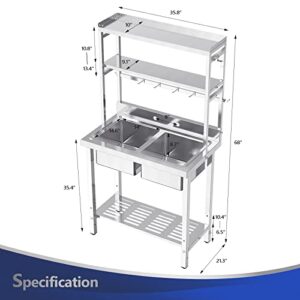 VINGLI 67" 2-Compartment Commercial Sink with Shelves Over & Drying Rack Underneath, 304 Stainless Steel Sink Double Basin with Drain for Restaurant, Freestanding Utility Sink for Laundry Room, Garage