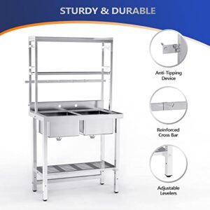 VINGLI 67" 2-Compartment Commercial Sink with Shelves Over & Drying Rack Underneath, 304 Stainless Steel Sink Double Basin with Drain for Restaurant, Freestanding Utility Sink for Laundry Room, Garage