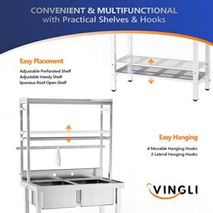 VINGLI 67" 2-Compartment Commercial Sink with Shelves Over & Drying Rack Underneath, 304 Stainless Steel Sink Double Basin with Drain for Restaurant, Freestanding Utility Sink for Laundry Room, Garage