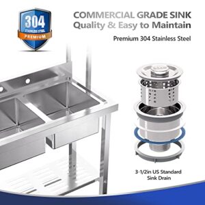 VINGLI 67" 2-Compartment Commercial Sink with Shelves Over & Drying Rack Underneath, 304 Stainless Steel Sink Double Basin with Drain for Restaurant, Freestanding Utility Sink for Laundry Room, Garage