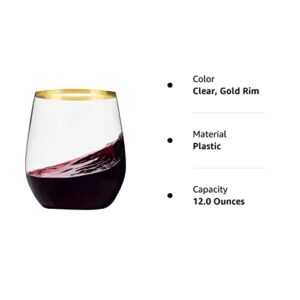 24 Pack Plastic Stemless Wine Glasses with Gold Rim, Disposable 12 Oz Clear Wine Cups – Shatterproof Recyclable And BPA-Free, Fancy Party Cups for Wedding Reception Cocktail Parties and Catered Events