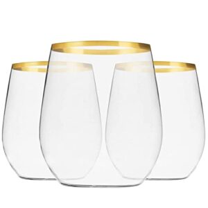 24 Pack Plastic Stemless Wine Glasses with Gold Rim, Disposable 12 Oz Clear Wine Cups – Shatterproof Recyclable And BPA-Free, Fancy Party Cups for Wedding Reception Cocktail Parties and Catered Events