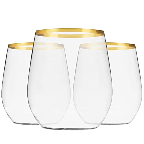 24 Pack Plastic Stemless Wine Glasses with Gold Rim, Disposable 12 Oz Clear Wine Cups – Shatterproof Recyclable And BPA-Free, Fancy Party Cups for Wedding Reception Cocktail Parties and Catered Events