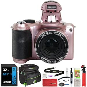 polaroid ie6035-rg-stk-4 ie6035 18mp 60x optical zoom digital camera, rose gold bundle with lexar 32gb memory card, deco gear camera bag, lens blower, lens pen, 12inch tripod & more