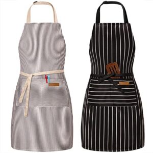 beluyi 2 pack adjustable bib apron with 2 pockets chef cooking kitchen restaurant aprons for women men (black/brown stripes)