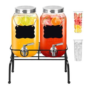 drink dispenser with stand- set of 2, 1 gallon glass beverage dispenser with stainless steel spigot & lid plus ice cylinder and fruit infuser, drink dispensers for parties, laundry detergent dispenser