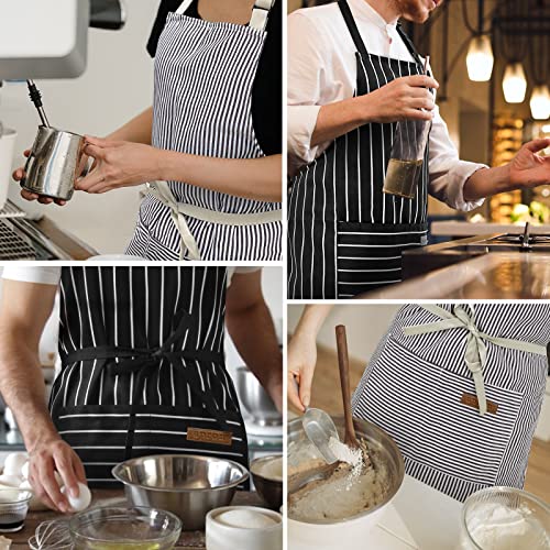 Ayla home 2 Pcs Aprons for Women with Pockets, Adjustable Neck Strap, Polycotton Chef Aprons for Men, for Kitchen Cooking Restaurant BBQ Painting Crafting (Black Broad Stripes/Brown Pinstripes)