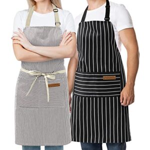 ayla home 2 pcs aprons for women with pockets, adjustable neck strap, polycotton chef aprons for men, for kitchen cooking restaurant bbq painting crafting (black broad stripes/brown pinstripes)