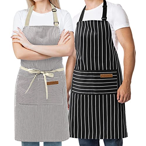 Ayla home 2 Pcs Aprons for Women with Pockets, Adjustable Neck Strap, Polycotton Chef Aprons for Men, for Kitchen Cooking Restaurant BBQ Painting Crafting (Black Broad Stripes/Brown Pinstripes)