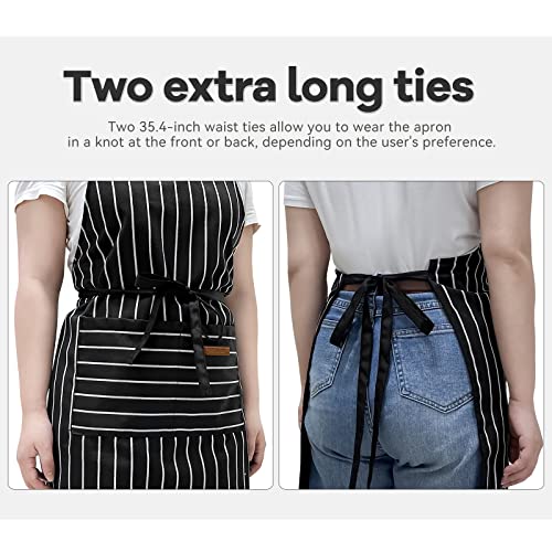 Ayla home 2 Pcs Aprons for Women with Pockets, Adjustable Neck Strap, Polycotton Chef Aprons for Men, for Kitchen Cooking Restaurant BBQ Painting Crafting (Black Broad Stripes/Brown Pinstripes)