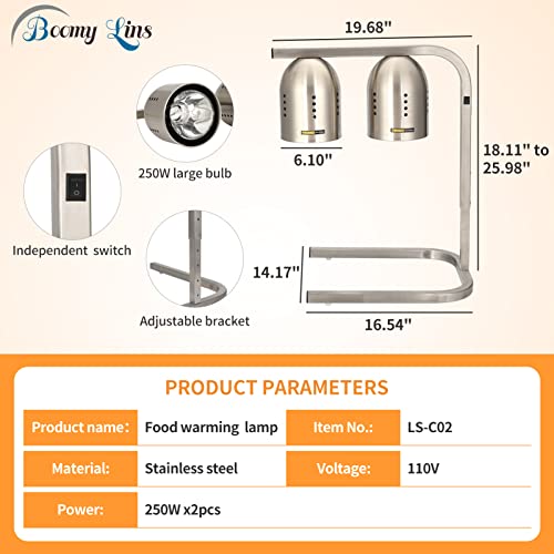 BOOMY LINS Commercial Food Heat Lamp, Electric Food Warmer 2-Bulb, Adjustable Frame, Removeable Part, Keep Food Warm Lamp Portable