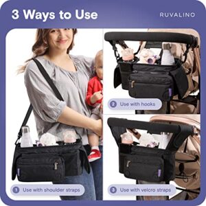 RUVALINO Universal Stroller Organizer with Cup Holders Stroller Caddy with Detachable Bag, Tissue Pocket, Non-Slip Strap Accessories for Uppababy, Umbrella, Wagon, Baby Jogger, Bob, and Pet Stroller