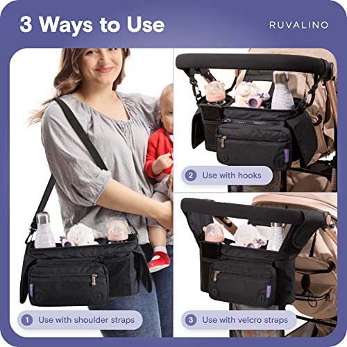 RUVALINO Universal Stroller Organizer with Cup Holders Stroller Caddy with Detachable Bag, Tissue Pocket, Non-Slip Strap Accessories for Uppababy, Umbrella, Wagon, Baby Jogger, Bob, and Pet Stroller