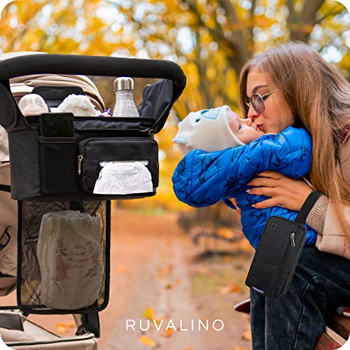 RUVALINO Universal Stroller Organizer with Cup Holders Stroller Caddy with Detachable Bag, Tissue Pocket, Non-Slip Strap Accessories for Uppababy, Umbrella, Wagon, Baby Jogger, Bob, and Pet Stroller