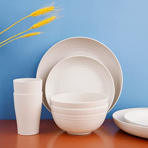 Supernal Wheat Straw Dinnerware Sets,Dinnerware Sets for 8,Microwave Dishwasher Safe,Unbreakable Dinnerware,Reusable Tableware Set,Beige Set 16pcs Plates, 8pcs Bowls, 8pcs Cups.