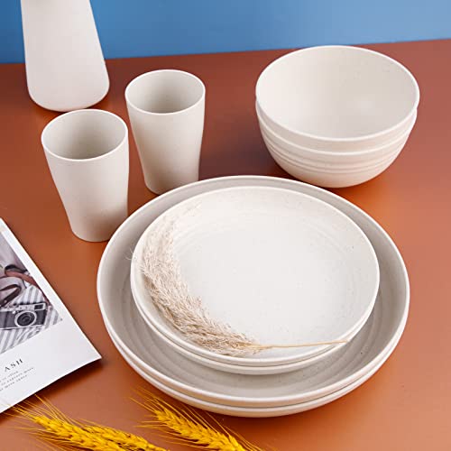 Supernal Wheat Straw Dinnerware Sets,Dinnerware Sets for 8,Microwave Dishwasher Safe,Unbreakable Dinnerware,Reusable Tableware Set,Beige Set 16pcs Plates, 8pcs Bowls, 8pcs Cups.