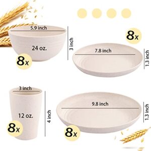 Supernal Wheat Straw Dinnerware Sets,Dinnerware Sets for 8,Microwave Dishwasher Safe,Unbreakable Dinnerware,Reusable Tableware Set,Beige Set 16pcs Plates, 8pcs Bowls, 8pcs Cups.