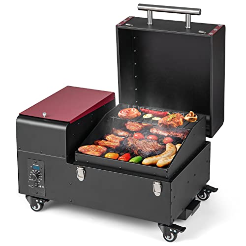 ORALNER Portable Pellet Smoker Grill on Wheels, 8 in 1 Tabletop Outdoor BBQ Grill for Tailgating RV Travel Camping Cooking, Small Wood Pellet Meat Smokers w/LED Display, Temperature Probe