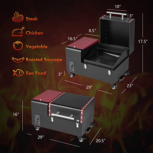 ORALNER Portable Pellet Smoker Grill on Wheels, 8 in 1 Tabletop Outdoor BBQ Grill for Tailgating RV Travel Camping Cooking, Small Wood Pellet Meat Smokers w/LED Display, Temperature Probe