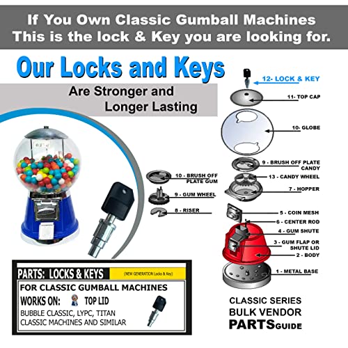 Lock and Key for Gumball Machine - Vending Machines Top Lid Tubular Key Lock for Capsule, Candy, Gumball Vending Machine. Classic Gumball Machine Lock and Key 1/4" Thread (4pc - Key Y3)…