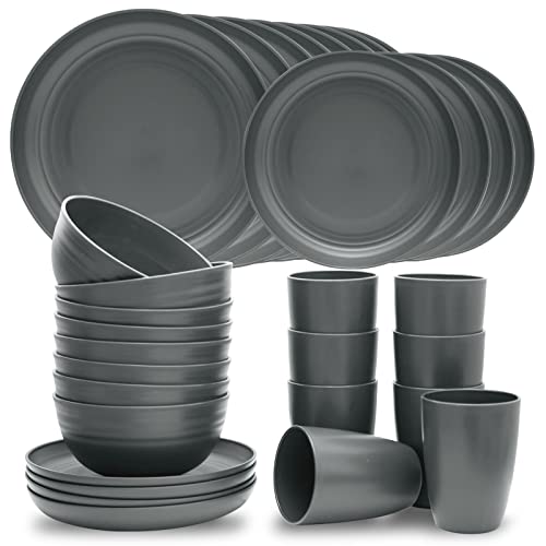 Dhnvcud 32-Piece Kitchen Plates and Bowls Sets,Lightweight Plastic Dishes Set for 8,Unbreakable Dinnerware Sets,Reusable Plates Set,Dishwasher and Microwave Safe, Dish Sets for Outdoor Camping,RV,Grey