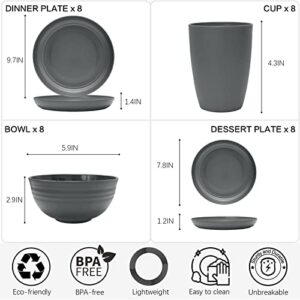 Dhnvcud 32-Piece Kitchen Plates and Bowls Sets,Lightweight Plastic Dishes Set for 8,Unbreakable Dinnerware Sets,Reusable Plates Set,Dishwasher and Microwave Safe, Dish Sets for Outdoor Camping,RV,Grey