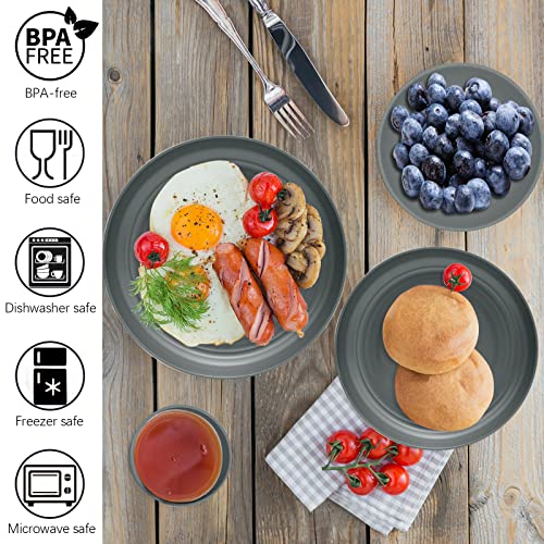 Dhnvcud 32-Piece Kitchen Plates and Bowls Sets,Lightweight Plastic Dishes Set for 8,Unbreakable Dinnerware Sets,Reusable Plates Set,Dishwasher and Microwave Safe, Dish Sets for Outdoor Camping,RV,Grey