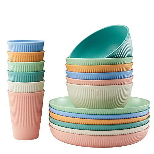 18pcs Wheat Straw Dinnerware Sets, HXYPN Unbreakable Reusable Dinnerware Set Kitchen Cups Plates and Bowls Sets Dishwasher Microwave Safe Multicolor