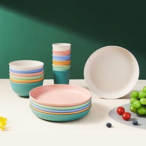 18pcs Wheat Straw Dinnerware Sets, HXYPN Unbreakable Reusable Dinnerware Set Kitchen Cups Plates and Bowls Sets Dishwasher Microwave Safe Multicolor