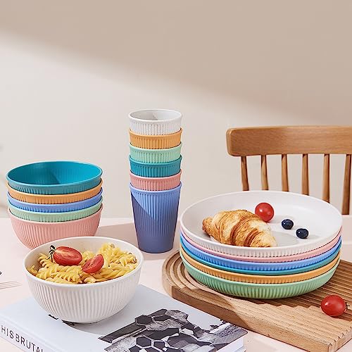 18pcs Wheat Straw Dinnerware Sets, HXYPN Unbreakable Reusable Dinnerware Set Kitchen Cups Plates and Bowls Sets Dishwasher Microwave Safe Multicolor