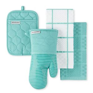 kitchenaid onion quilt kt om ph kitchen towel, oven mitt & potholder set, aqua sky