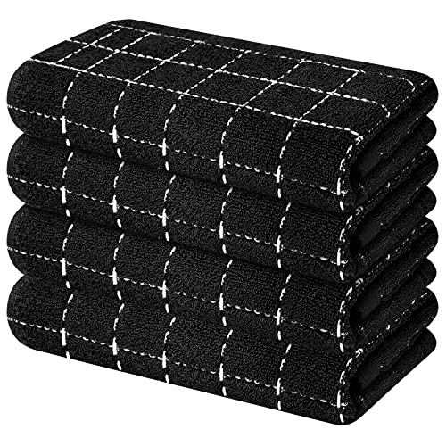 Mordimy 100% Cotton Terry Kitchen Towels, 16 x 26 Inches, Checkered Designed, Super Soft and Absorbent Dish Towels for Kitchen Drying, Perfect for Kitchen and Household Cleaning, 4 Pack, Black