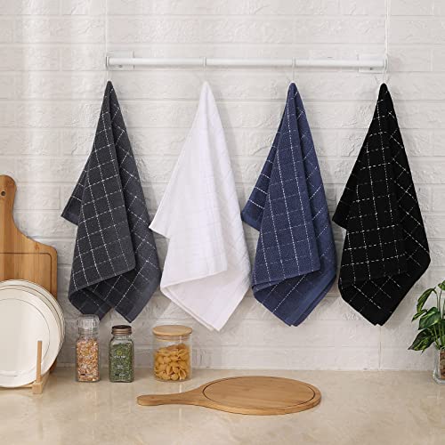 Mordimy 100% Cotton Terry Kitchen Towels, 16 x 26 Inches, Checkered Designed, Super Soft and Absorbent Dish Towels for Kitchen Drying, Perfect for Kitchen and Household Cleaning, 4 Pack, Black